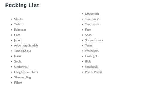 Immanuel Baptist Church - Church camp packing list