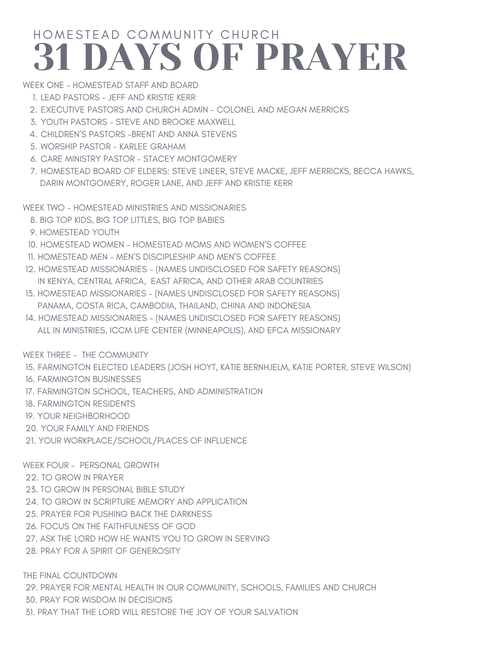 Homestead Community Church - 31 Days of Prayer Focus (printable)