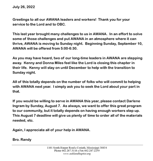 Oakland Baptist Church - AWANA Letter