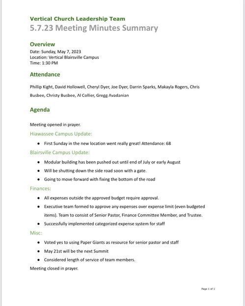 Vertical Church - Leadership Team Meeting Notes